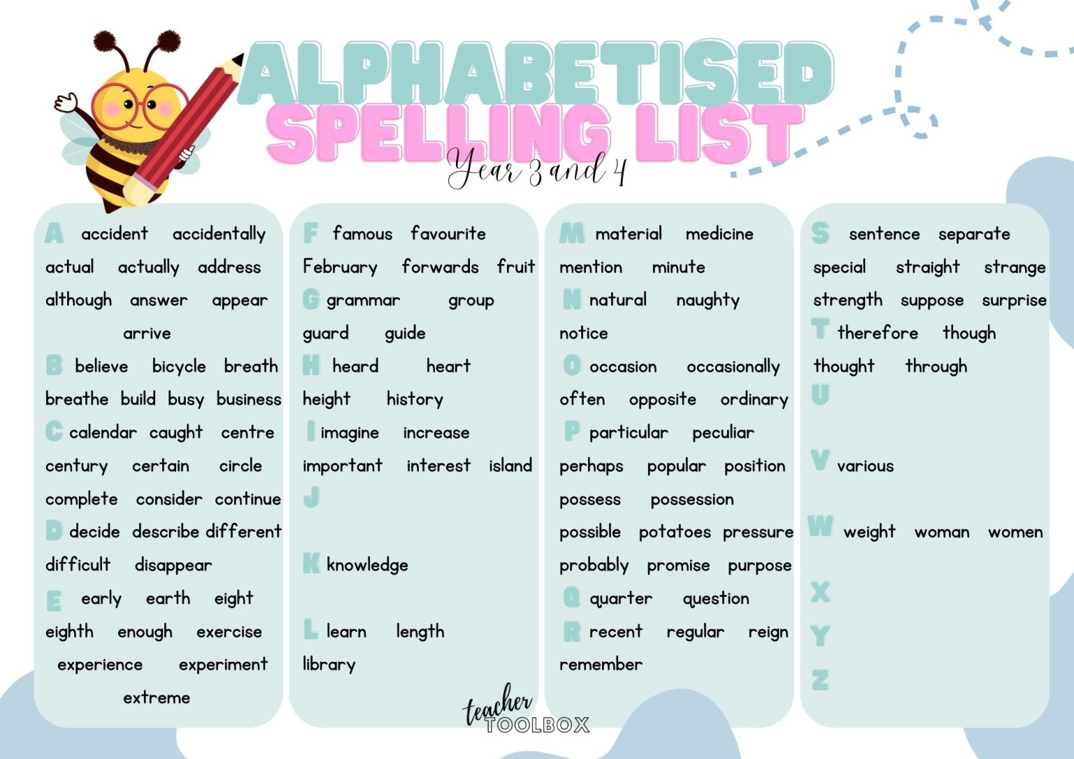 FREE Alphabetised Spelling Lists: Easy as ABC - Teacher Toolbox